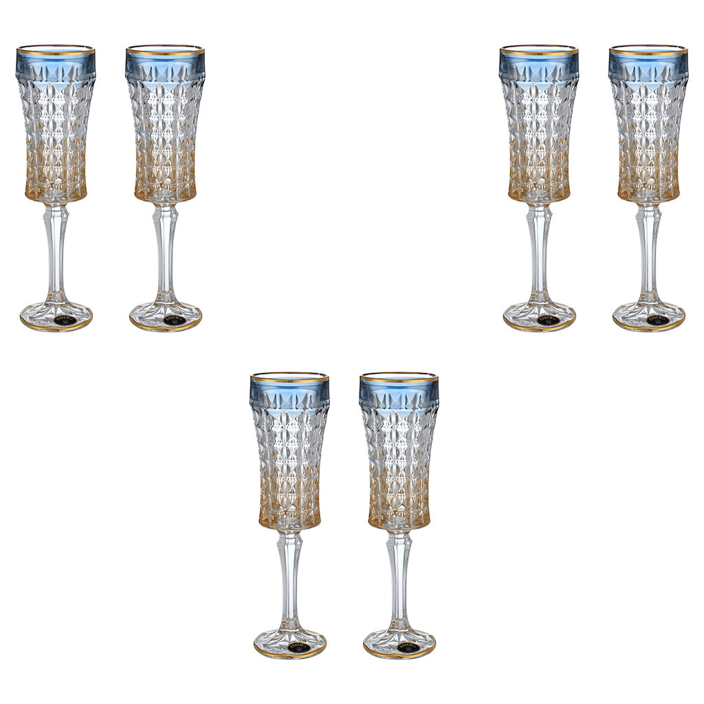 Bohemia Crystal - Flute Diamond Glass Set 6 Pieces - Orange,Blue & Gol