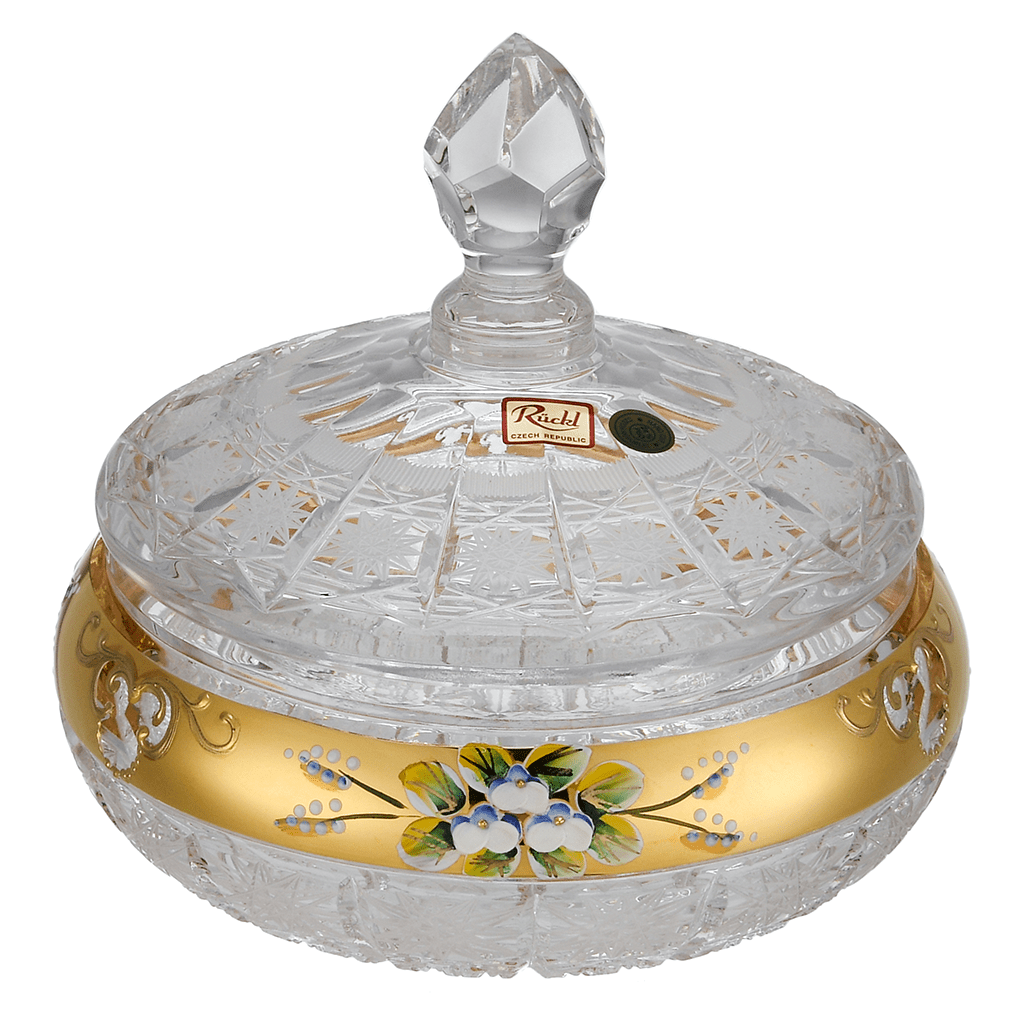 Bohemia Crystal - Round Crytal Box - Gold & Floral Design - 27x17cm