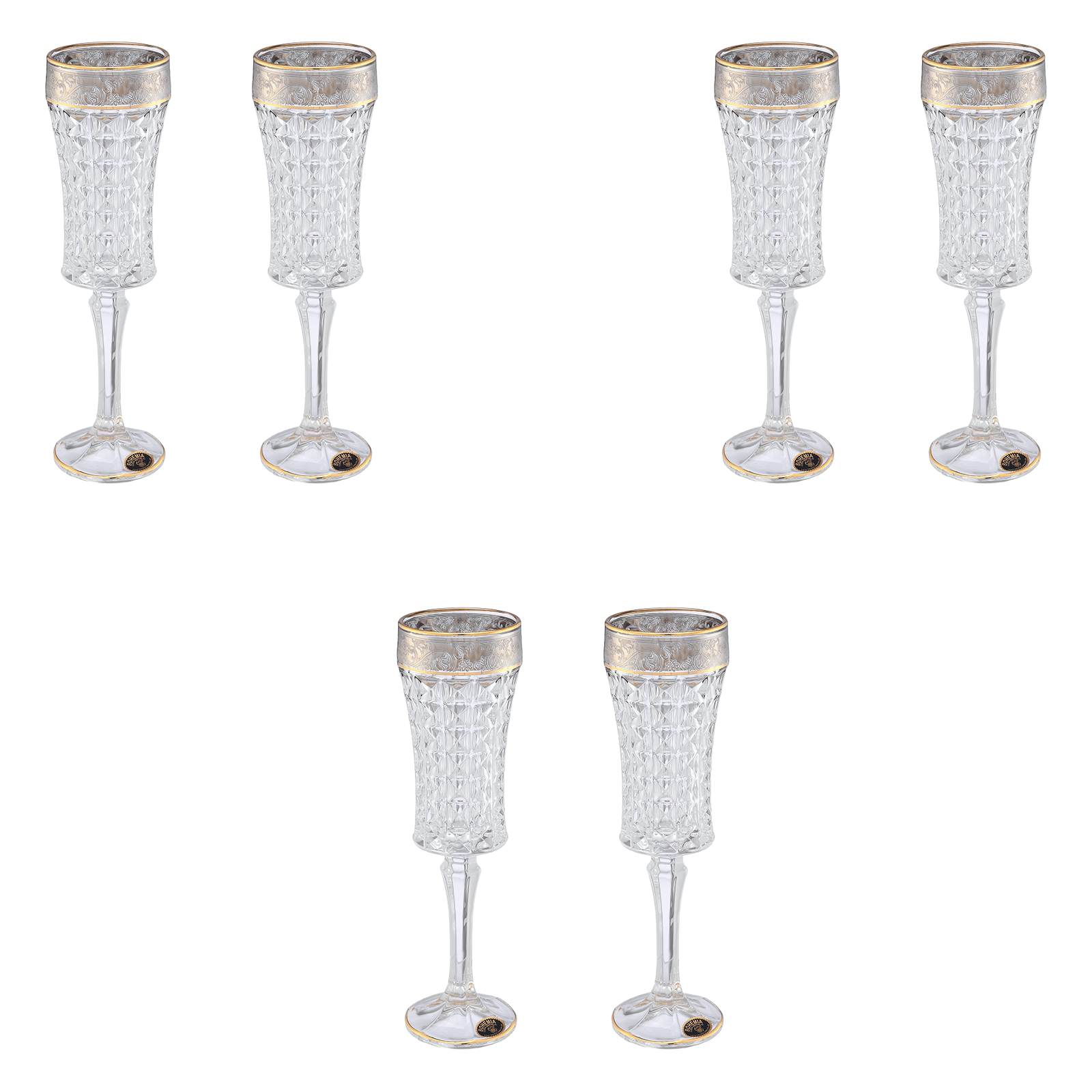 Bohemia Crystal - Diamond Flute Glass Set 6 Pieces - Silver & Gold - 1