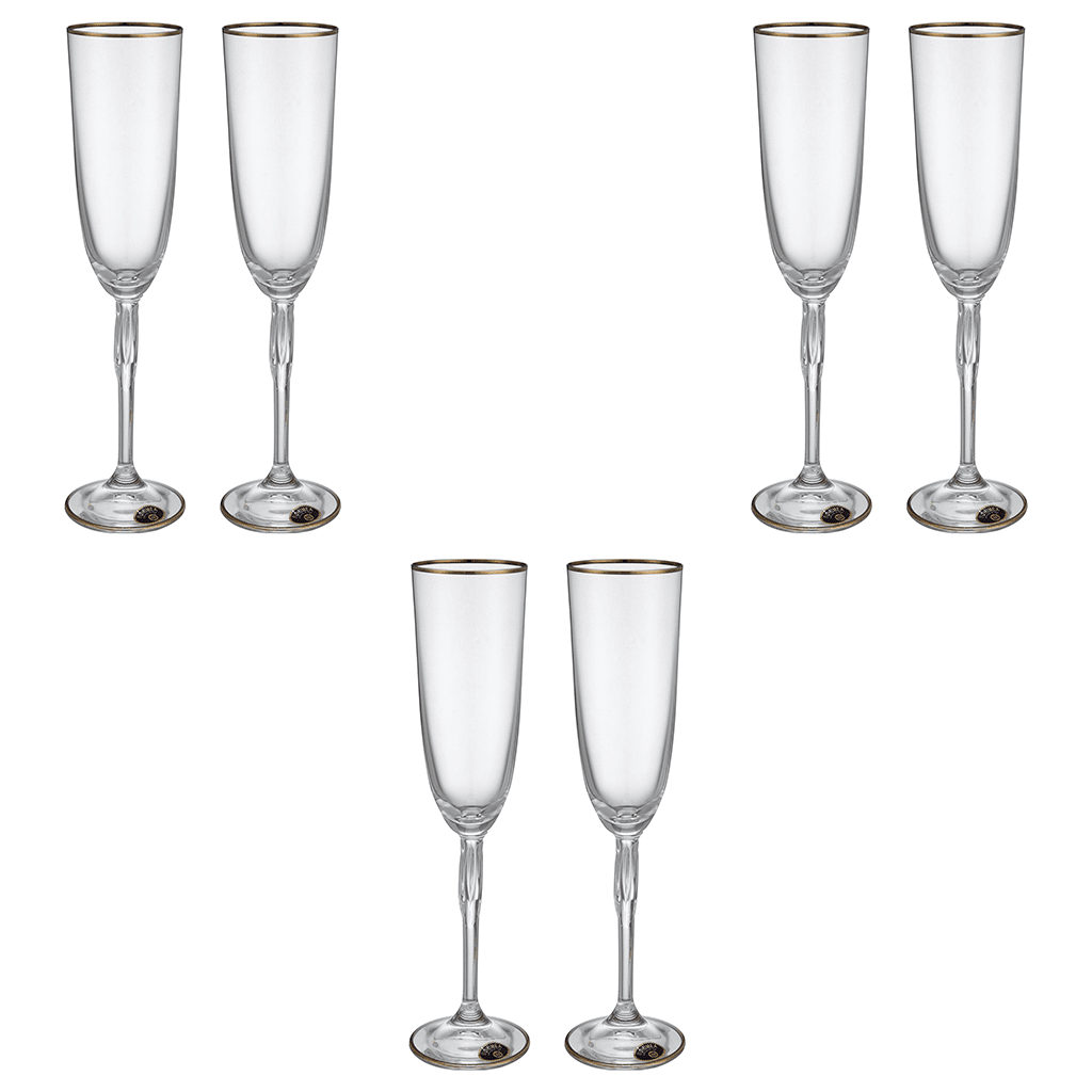 Bohemia Crystal - Flute Glass Set 6 Pieces with Silver Rim - 220ml - C