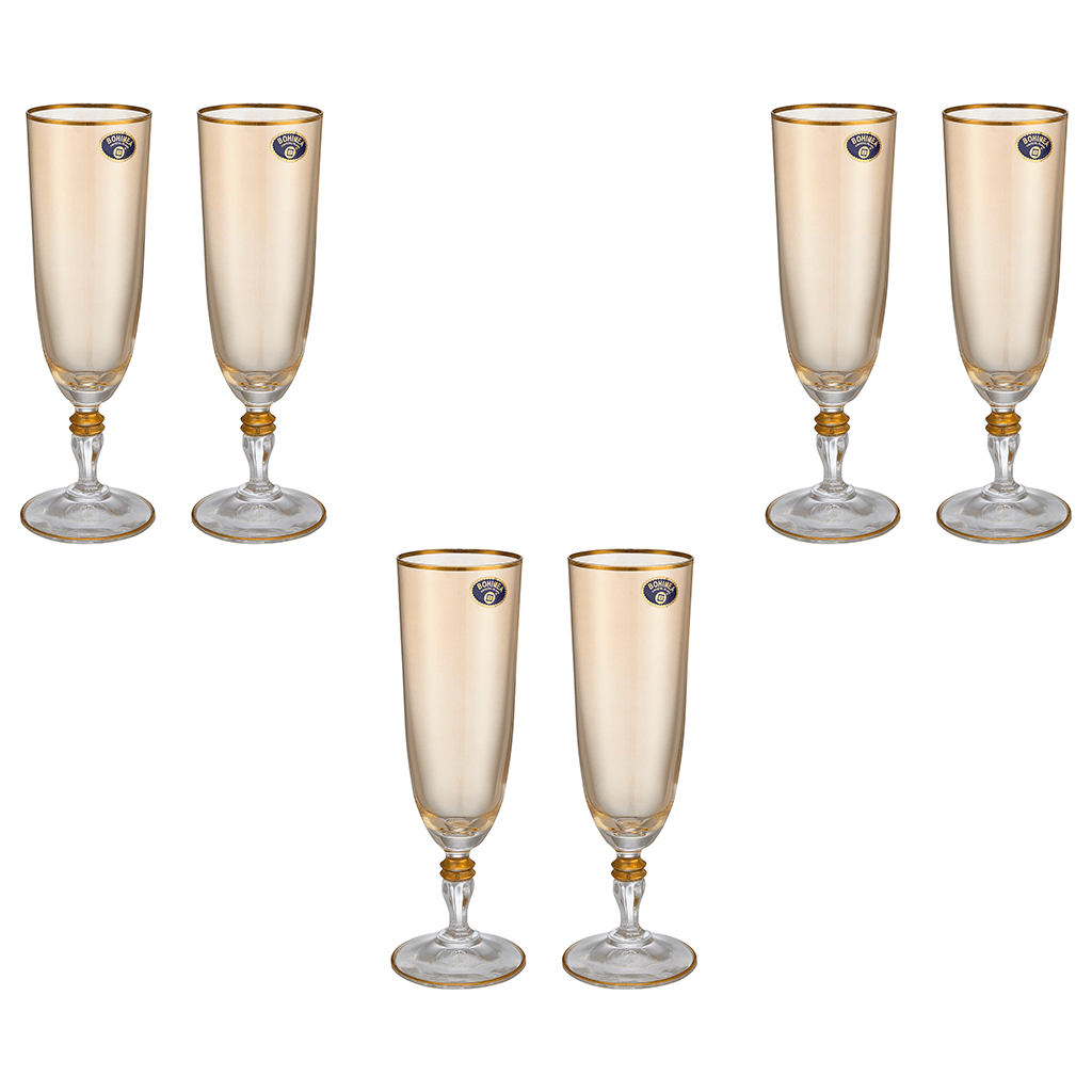 Bohemia Crystal - Flute Glass Set 6 Pieces with Gold Rim - Orange - 27