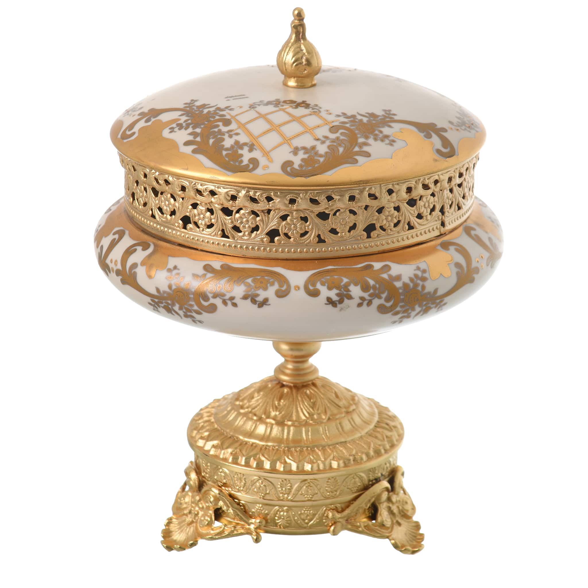 Caroline - Round Box with Gold Base - Beige & Gold - 19cm
