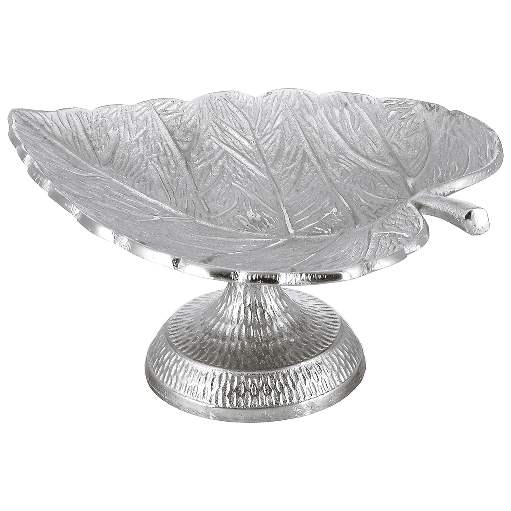 Leaf Shaped Plate with Base For Snacks & Nuts - Silver - Silver Plated