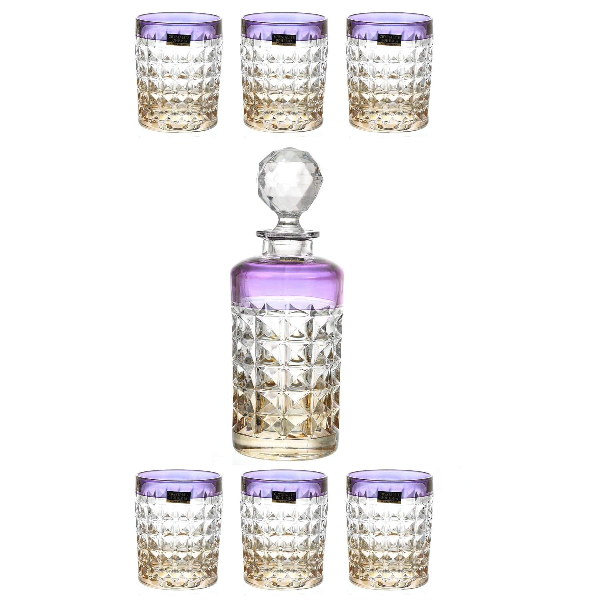 Bohemia Crystal - Diamond Drink Set 7 Pieces - Purple & Gold - Crystal